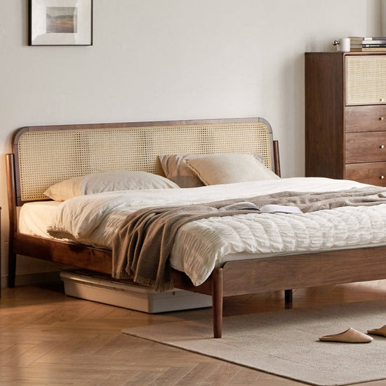 Ameya Solid Wood Cane Modern Platform Bed - The Leaf Crafts